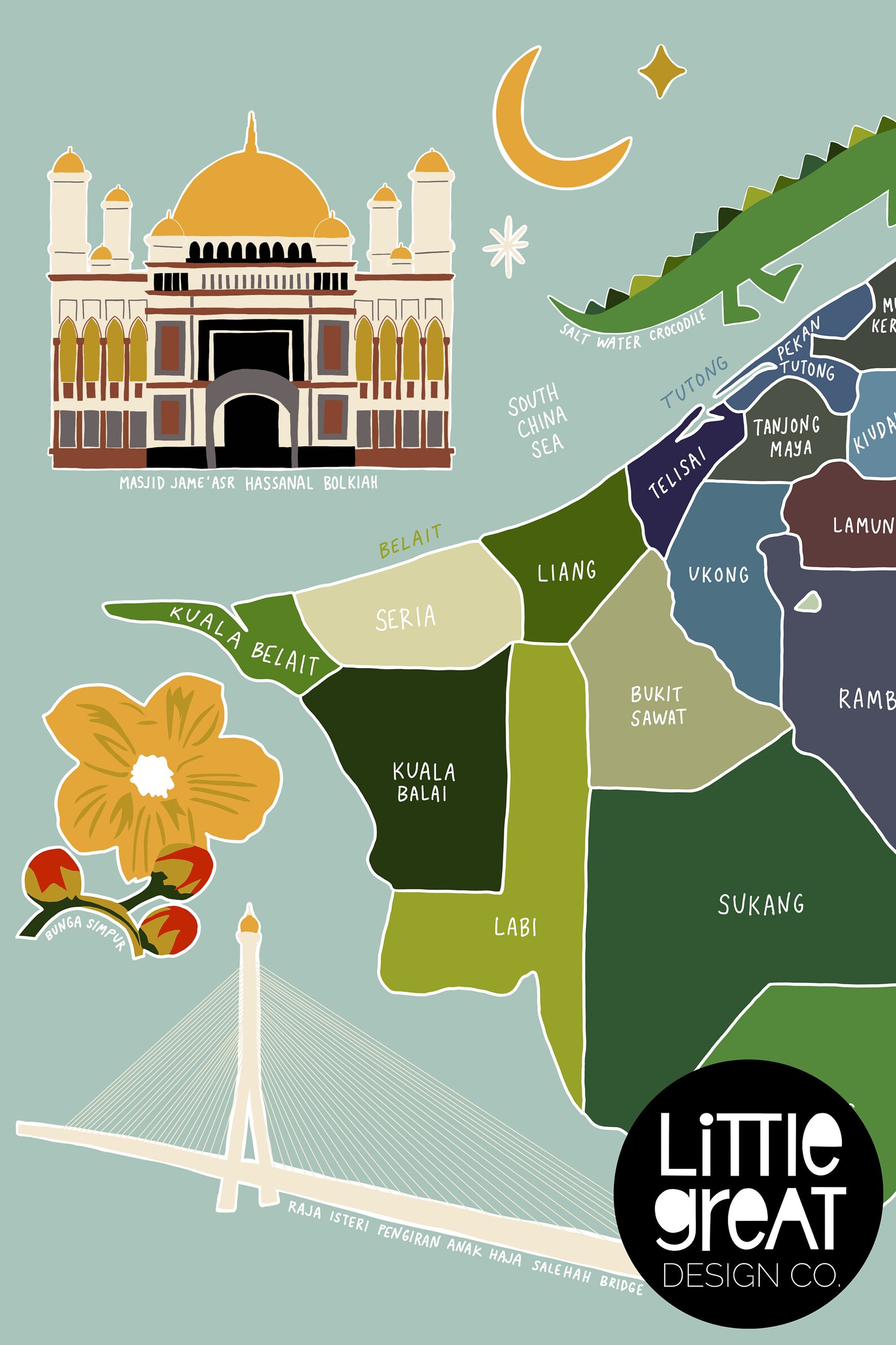 Brunei Darussalam, Borneo, Illustrated Map Art Digital Download ...