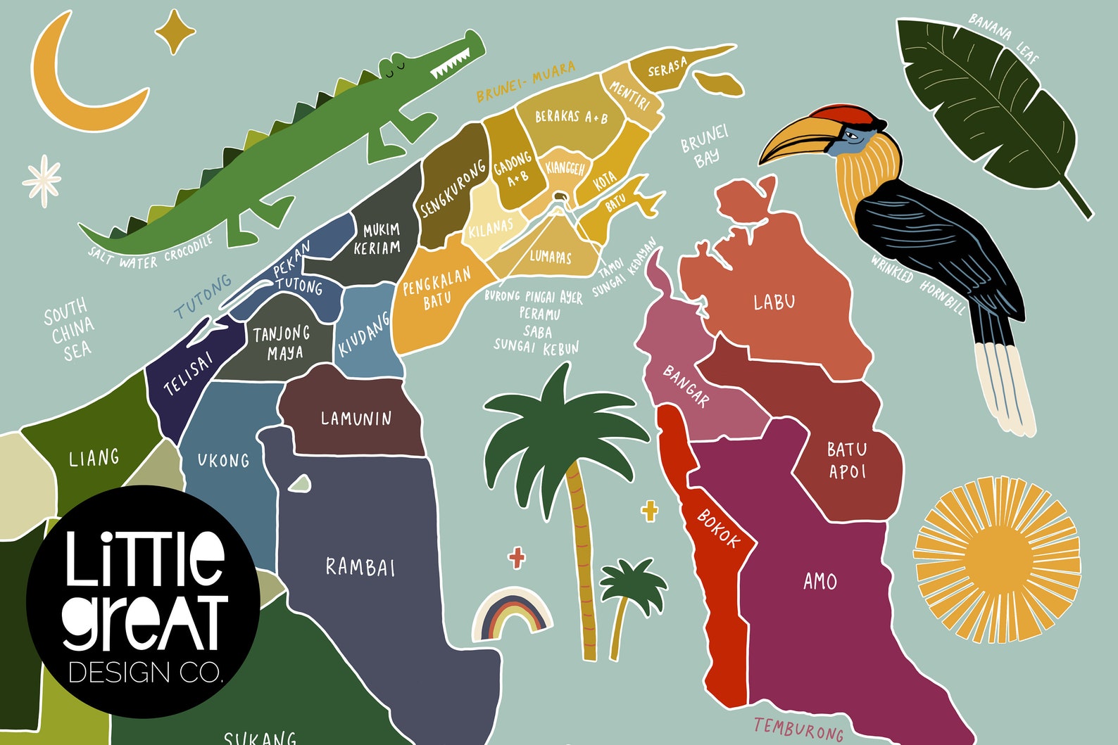 Brunei Darussalam, Borneo, Illustrated Map Art Digital Download ...