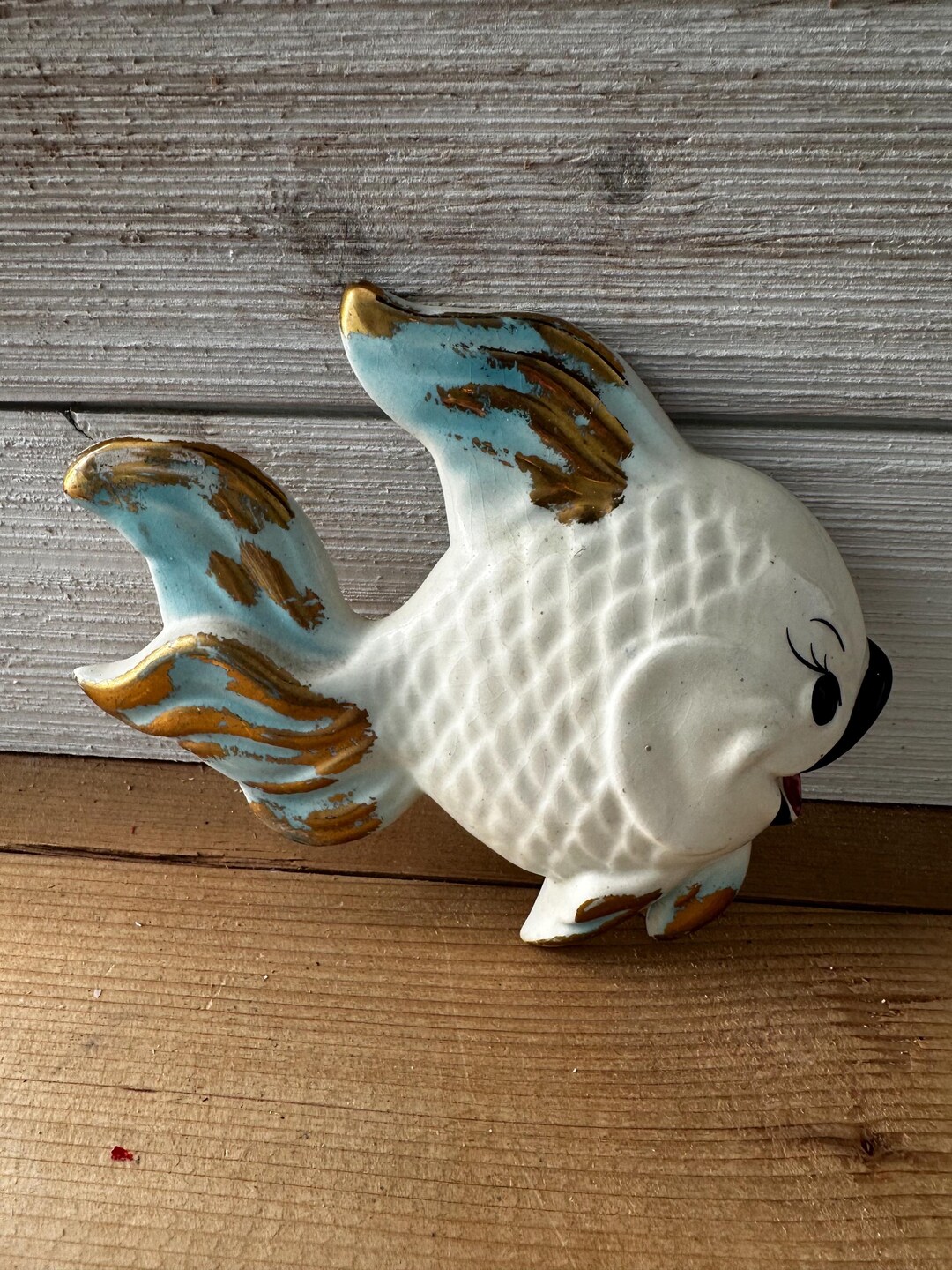 Vintage Blue/gold Chalkware Fish - Etsy