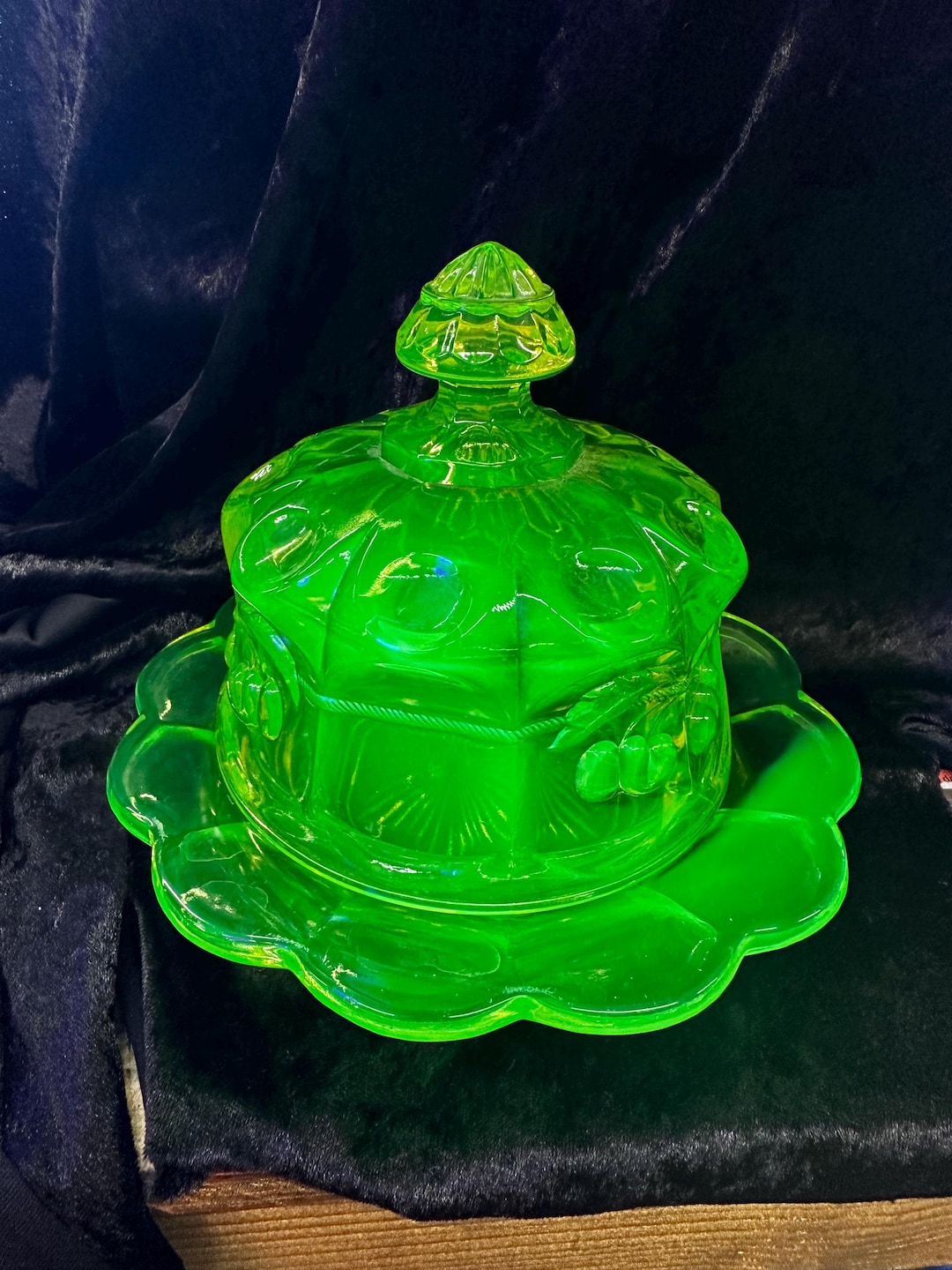 Mosser Vaseline Glass Cherry Pattern Butter Dish - Etsy