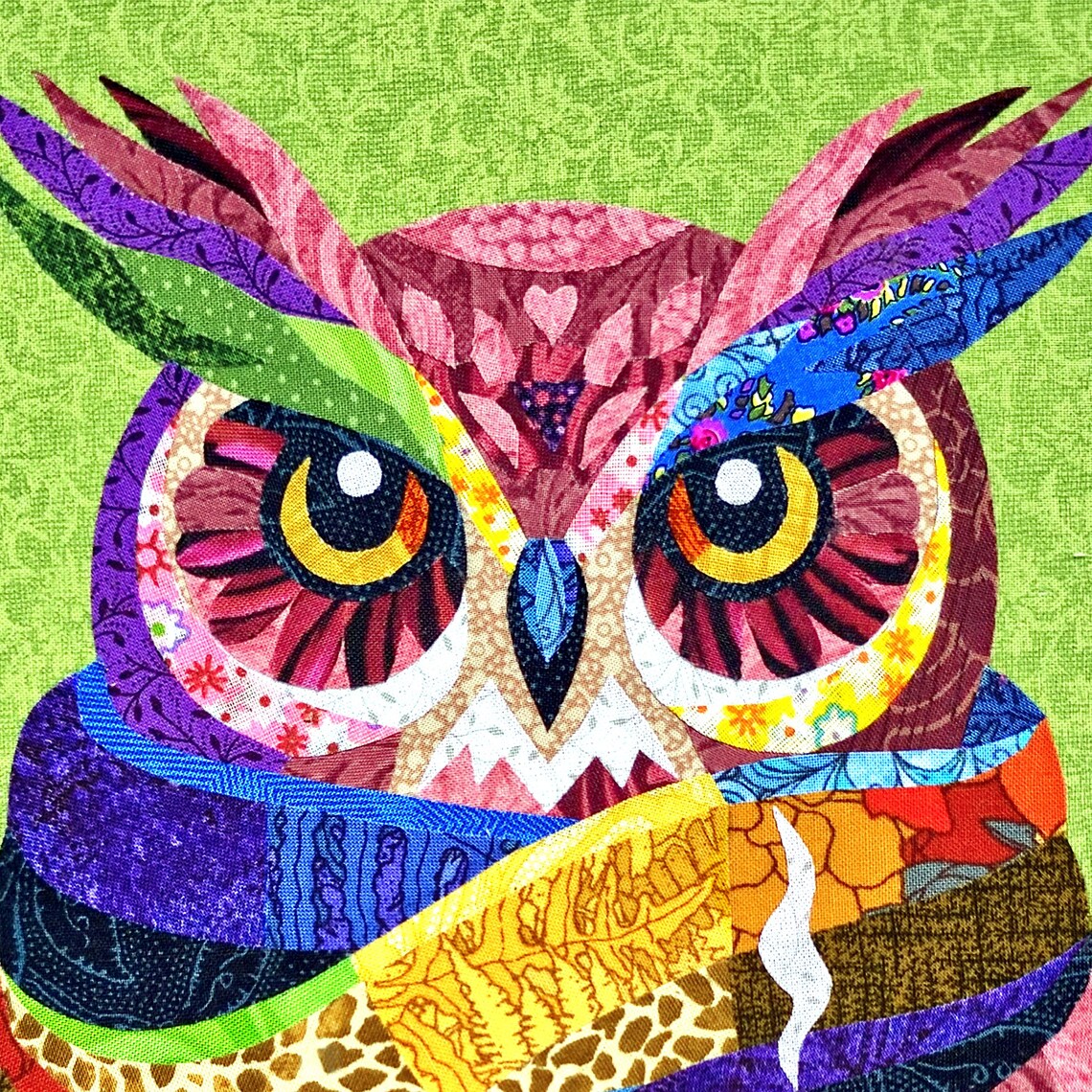 Owl in Patchwork Scarf Art Quilt Pattern, Bird Fabric Collage PDF ...