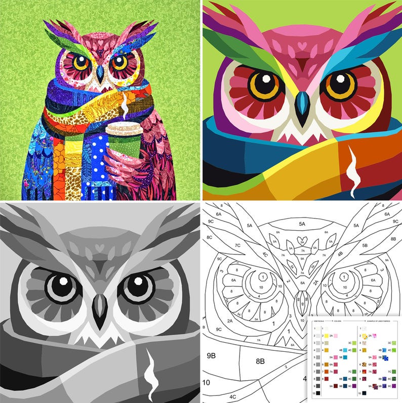 OWL in a PATCHWORK SCARF Quilt Pattern, Fabric Collage, Applique - Etsy