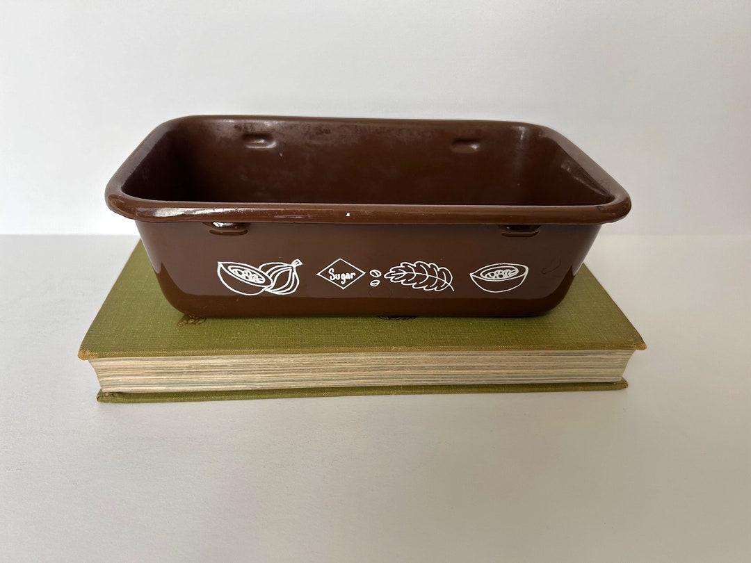 Vintage Brown Enamelware 9" X 5" Loaf Pan | Decals Fruits Vegetables ...