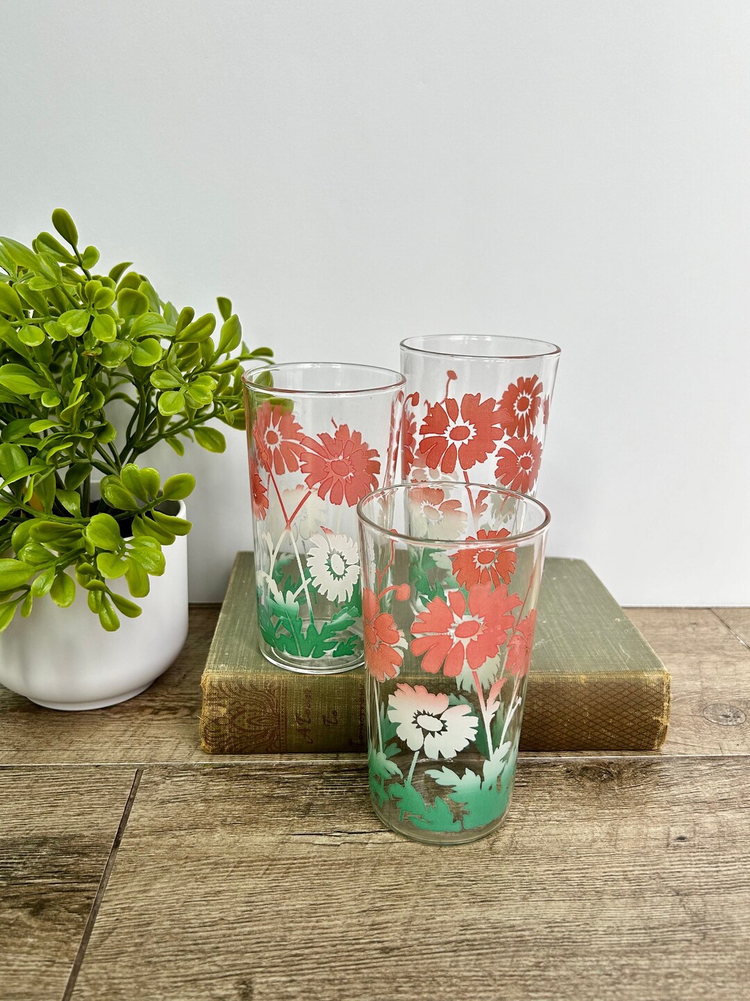 Vintage Set of 3 Floral Glass Juice Cups Retro Swanky Swig Drinkware ...