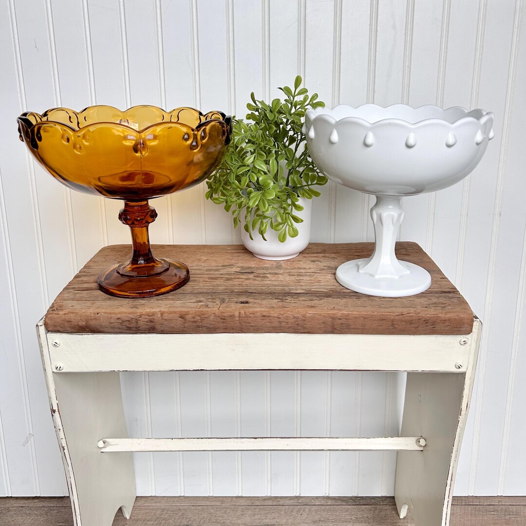 Vintage Indiana Glass Compote: Amber or Milk Glass Pedestal Bowl - Etsy