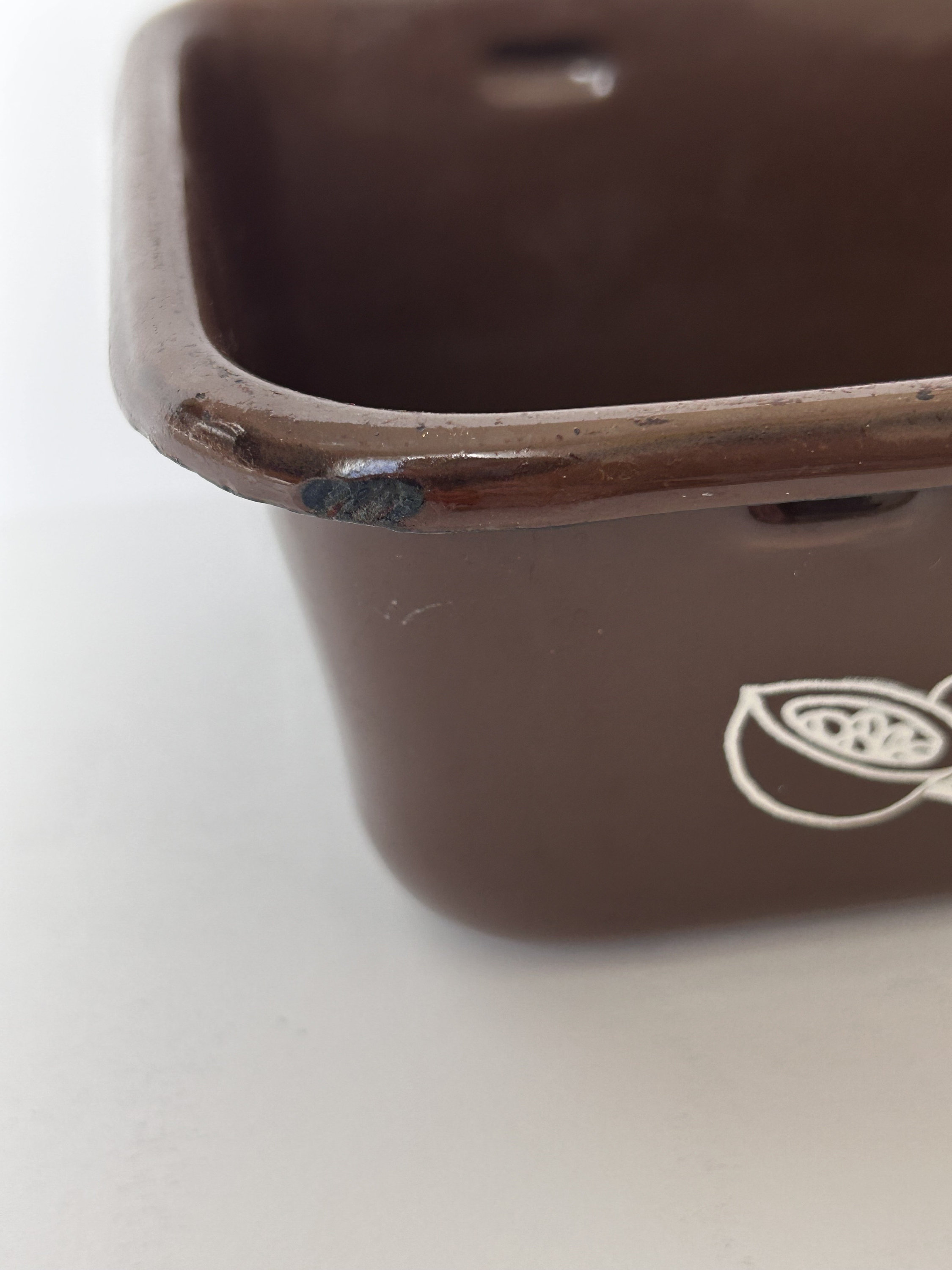 Vintage Brown Enamelware 9 X 5 Loaf Pan Decals Fruits Vegetables Sugar ...