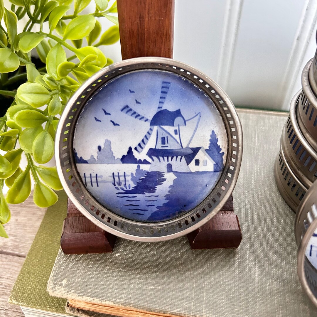 Set of 6 Delft Blue and White Ceramic Coasters With Punched Metal Rim ...