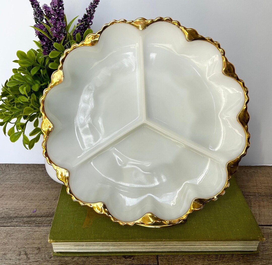 Vintage Fire King Milk Glass Relish Plate | Gold Trim, Scalloped Edge ...