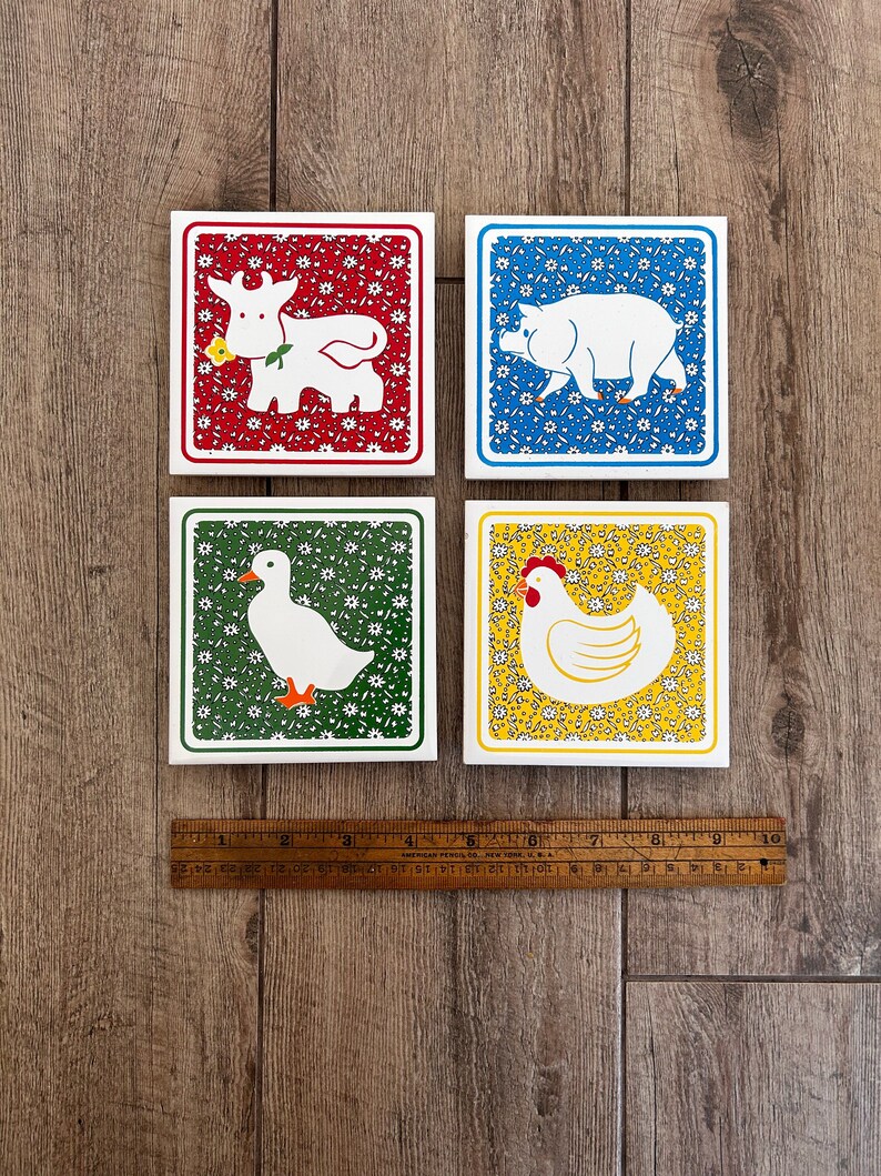 Vintage Set of 4 Calico Farm Animal Ceramic Tiles, Wall Hangings ...