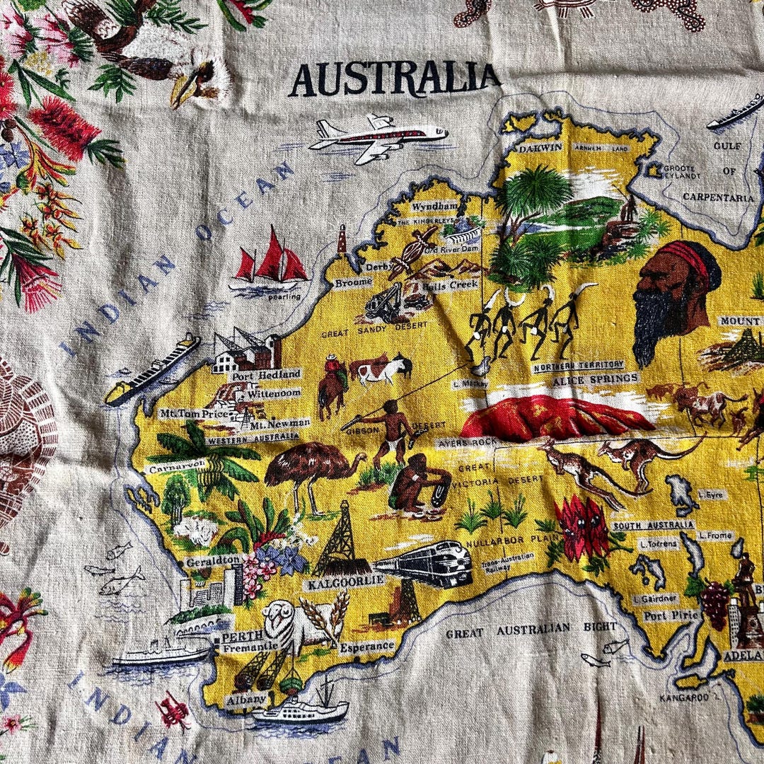 Vintage Australian Map Souvenir Tablecloth, Wall Hanging by Heil | 100% ...