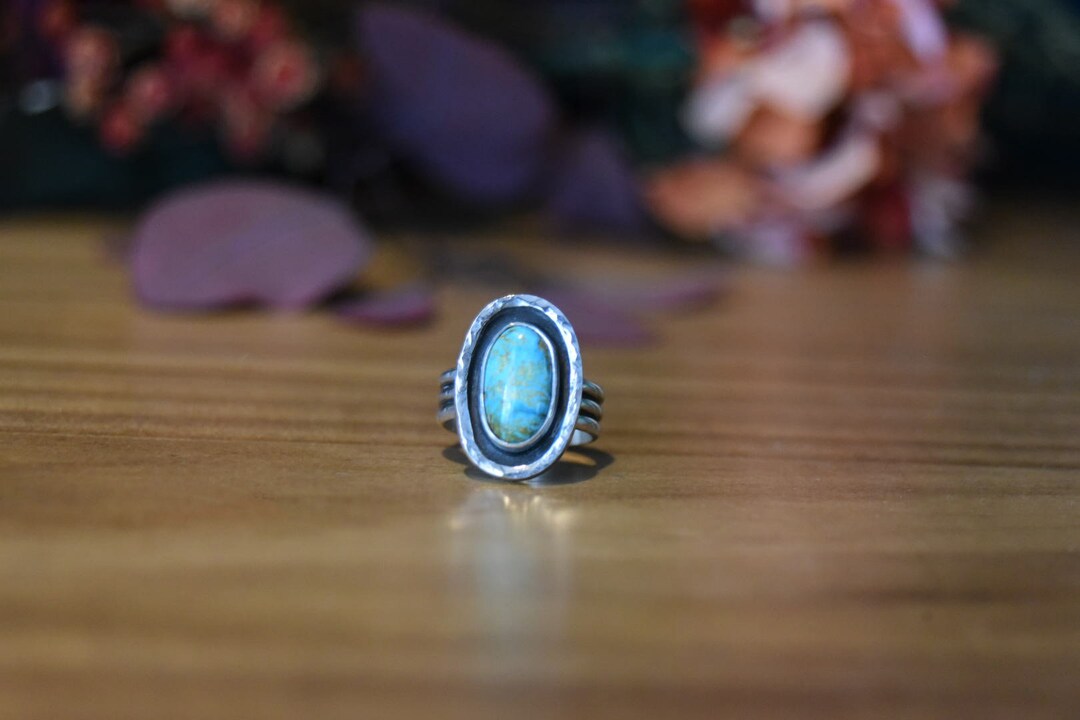 Turquoise Shadowbox Ring, Sterling Silver Ring, Hammered Silver ...
