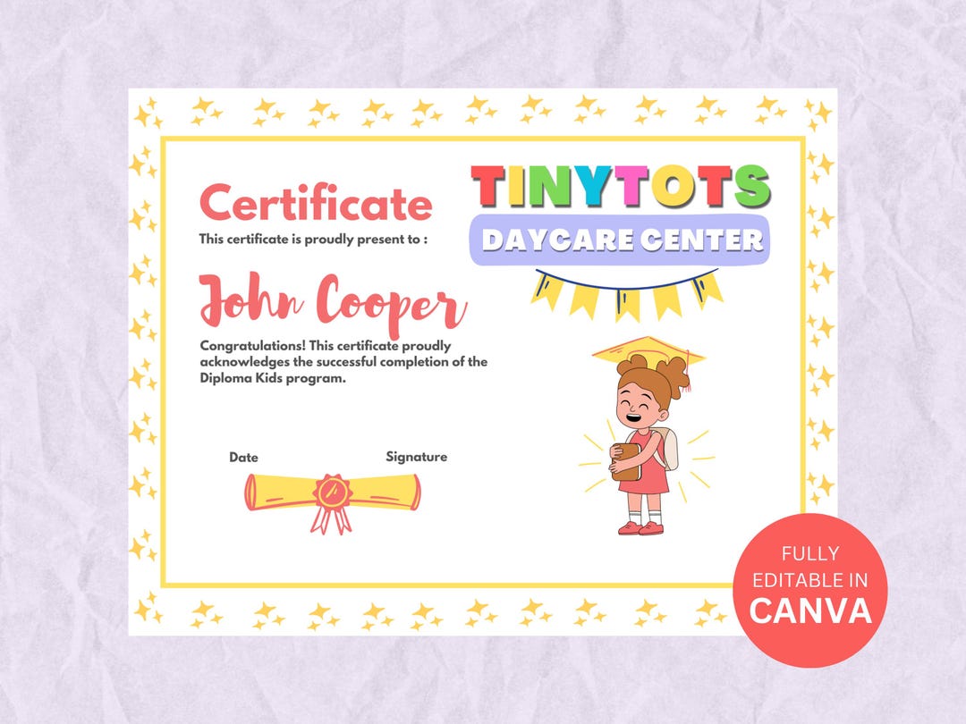 Printable Daycare Graduation Certificate, Editable, Last Day of Daycare ...