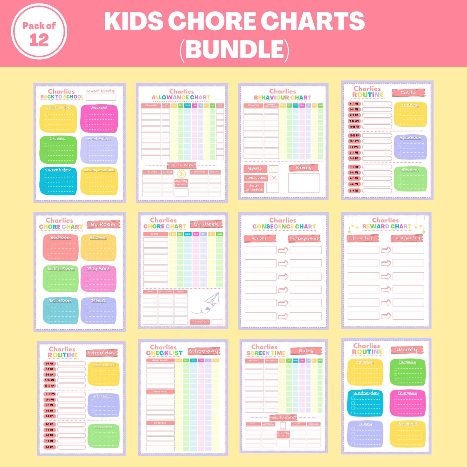 Kids Chore Chart Bundle,routine Charts Printable, Behavior & Reward ...