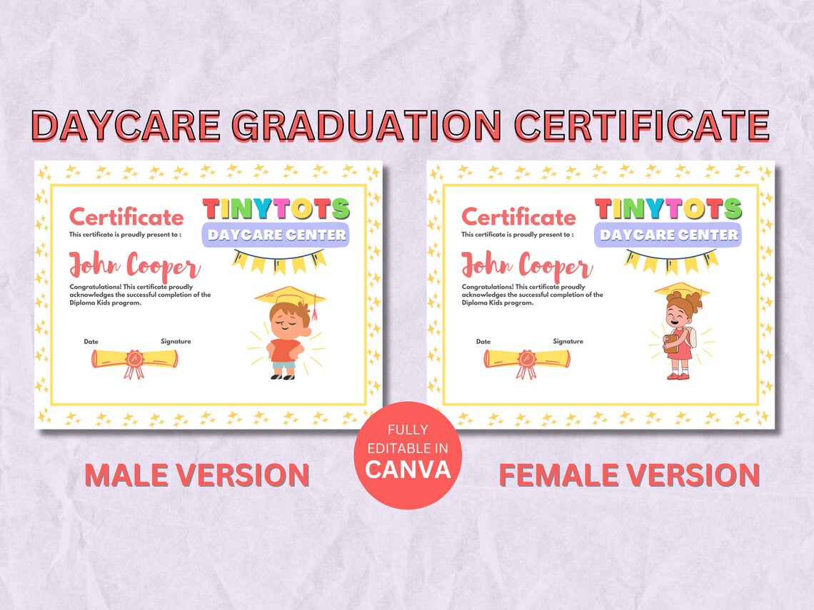 Printable Daycare Graduation Certificate, Editable, Last Day of Daycare ...