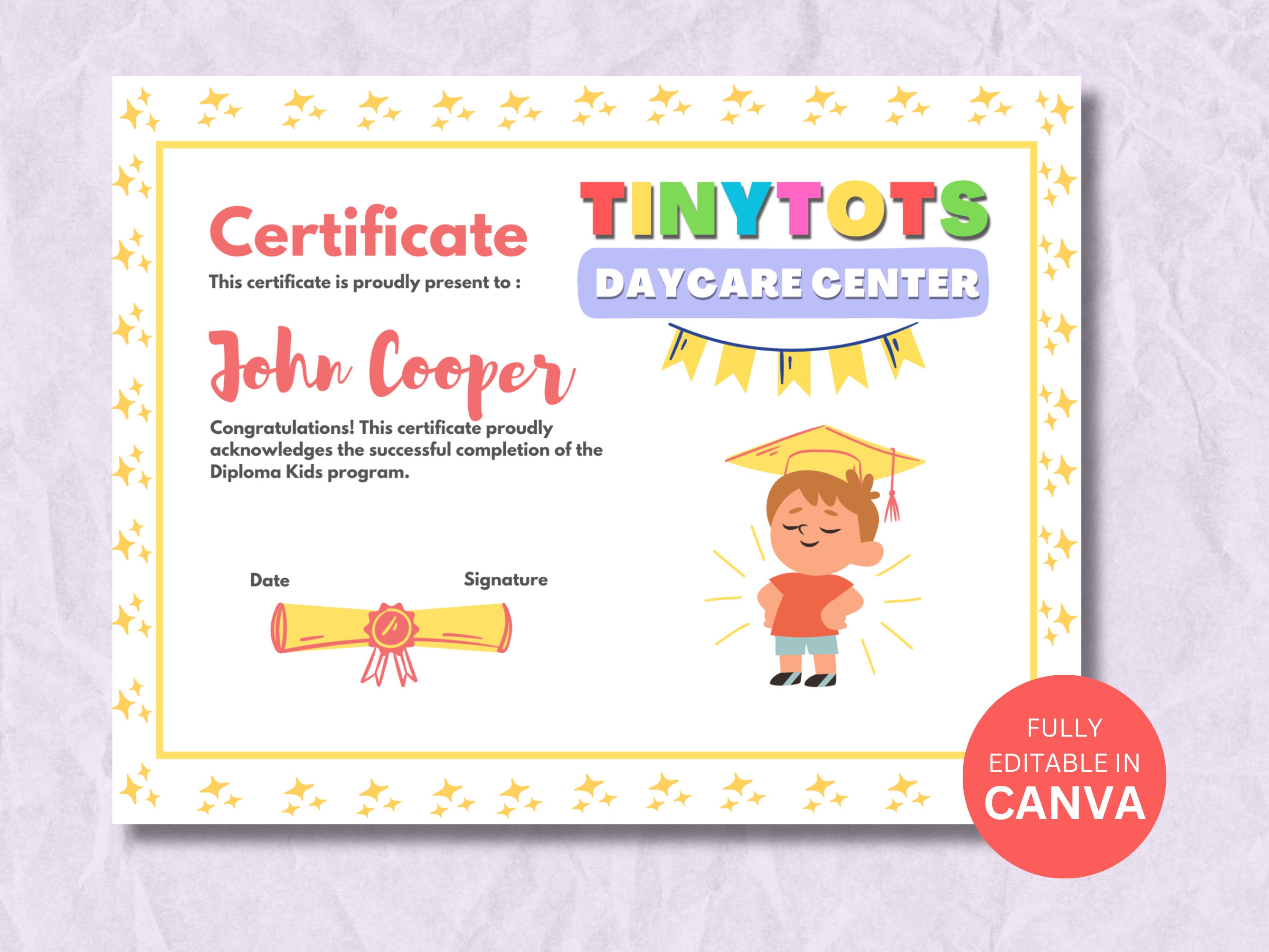 Printable Daycare Graduation Certificate, Editable, Last Day of Daycare ...