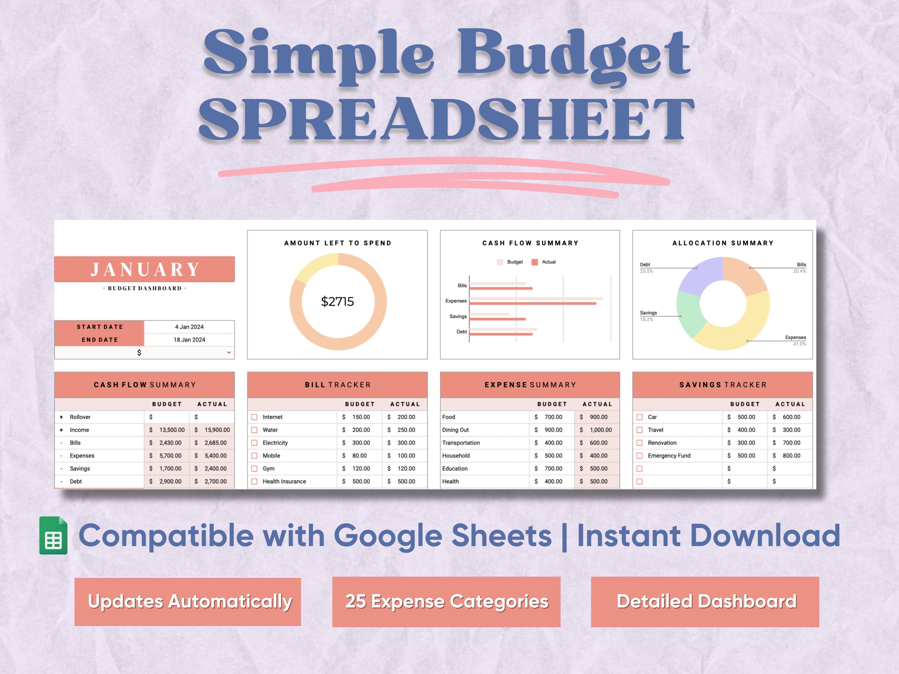 Beginner Budget, Google Sheets Budget, Paycheck Budget Tracker, Debt ...