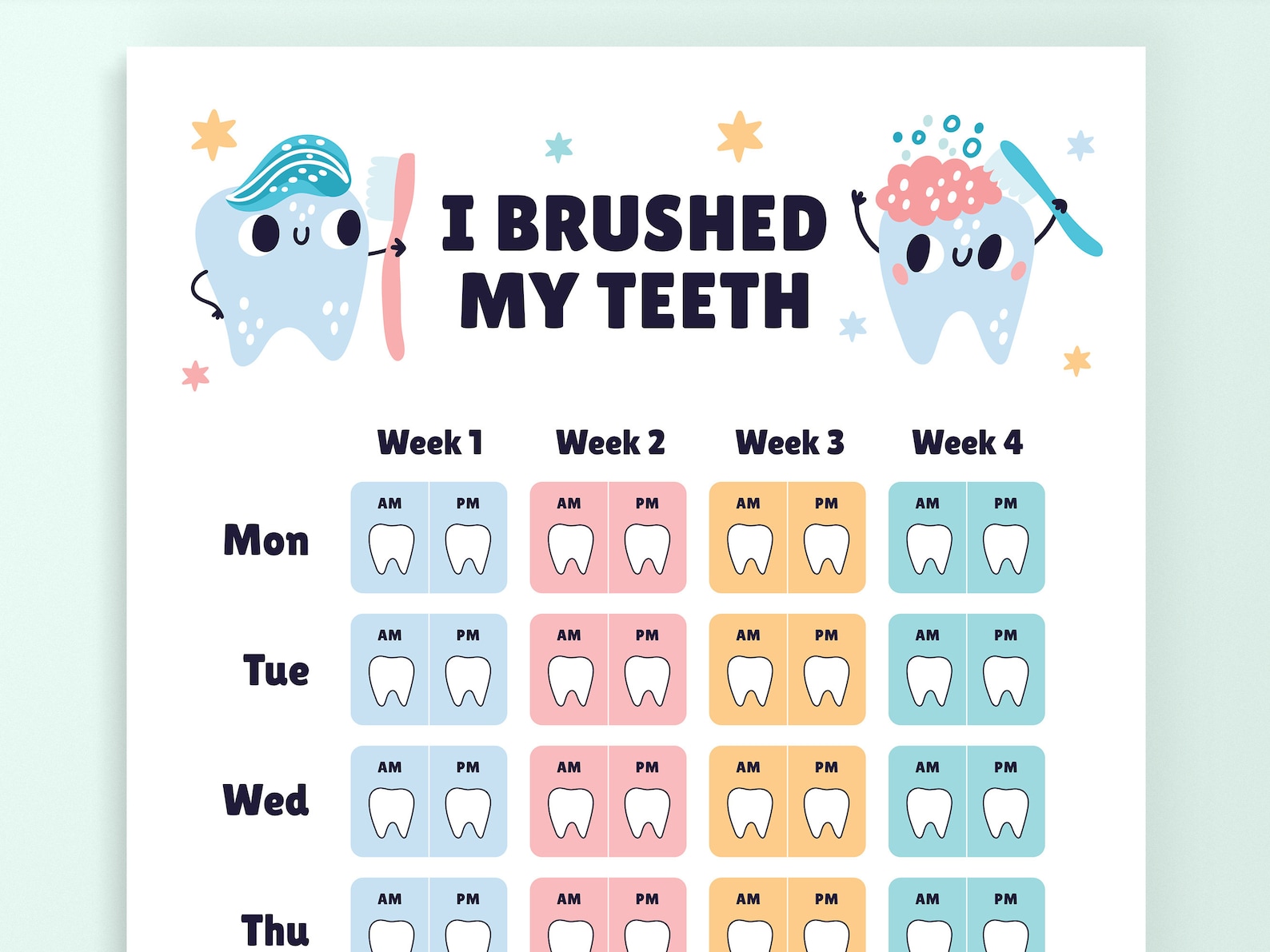 Printable I Brushed My Teeth Chart, Kids Teeth Brush Tracker, Teeth ...
