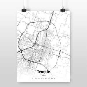 Temple City Map Print, Temple Texas Map Poster, USA City Street Map ...