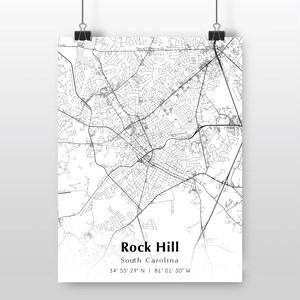 Rock Hill City Map Print, Rock Hill South Carolina Map Poster, USA City ...