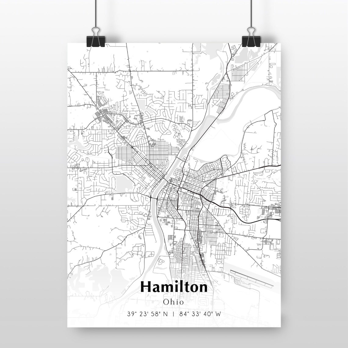 Hamilton City Map Print, Hamilton Ohio Map Poster, USA City Street Map ...