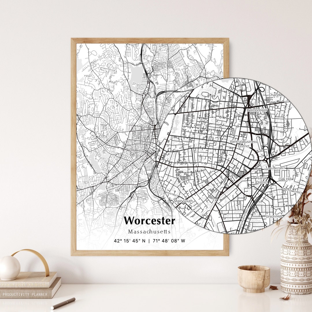 Worcester City Map Print, Worcester Massachusetts Map Poster, USA City ...