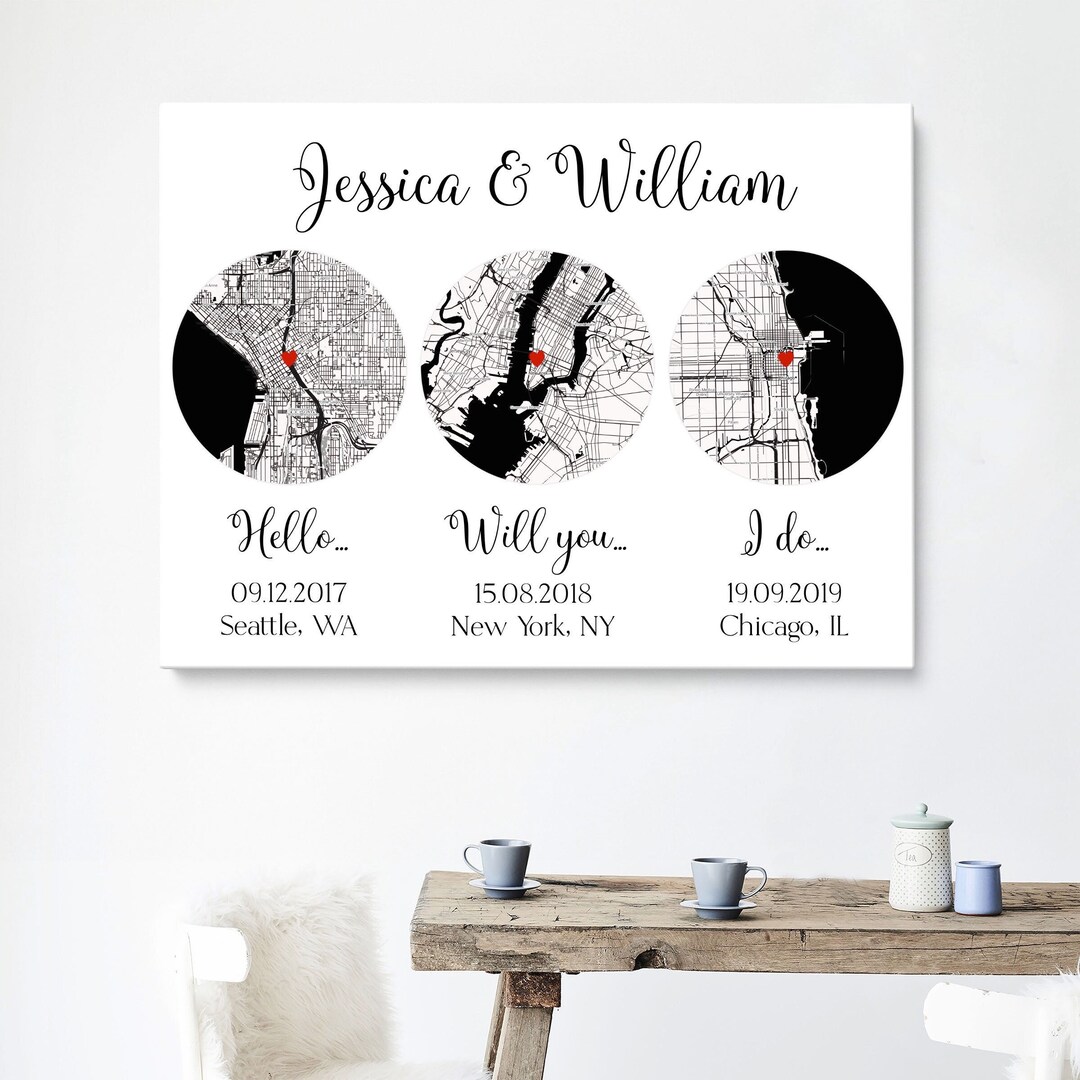 Personalized Set of 3 Maps, Met Engaged Married Map Locations, Any ...