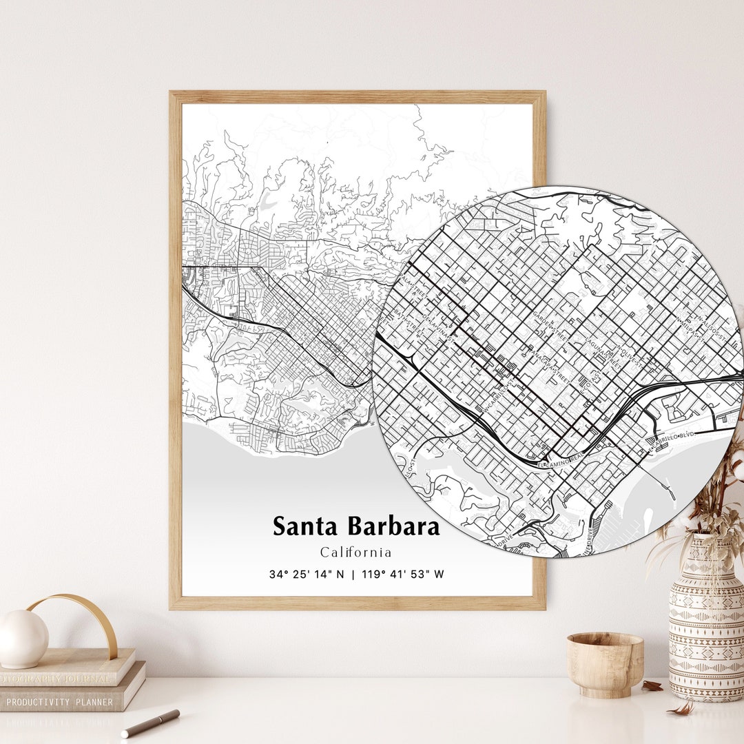 Santa Barbara City Map Print, Santa Barbara California Map Poster, USA ...