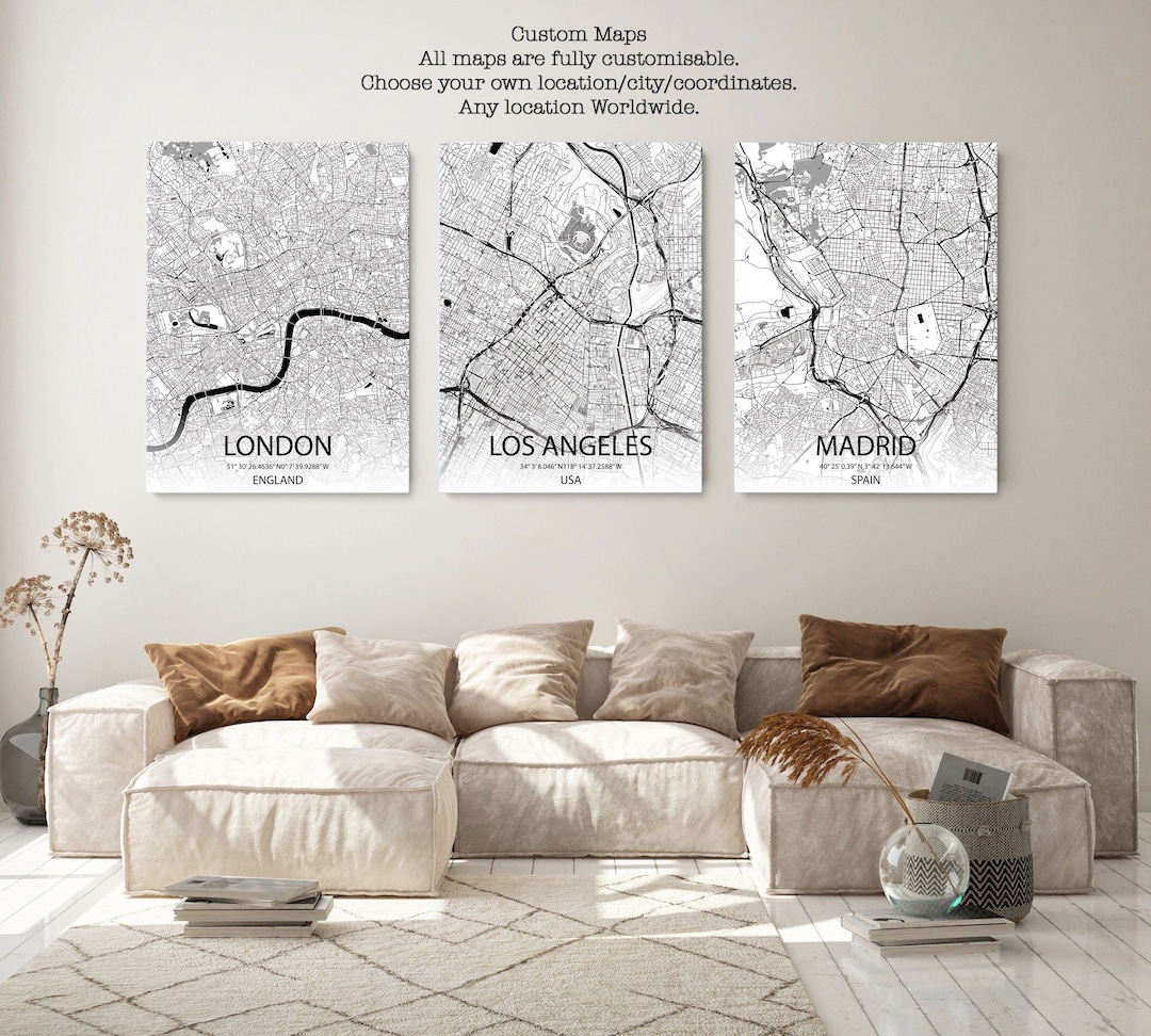 Custom Map Prints, Any Location, Set of 1, 2 or 3 Maps, Any City Map ...