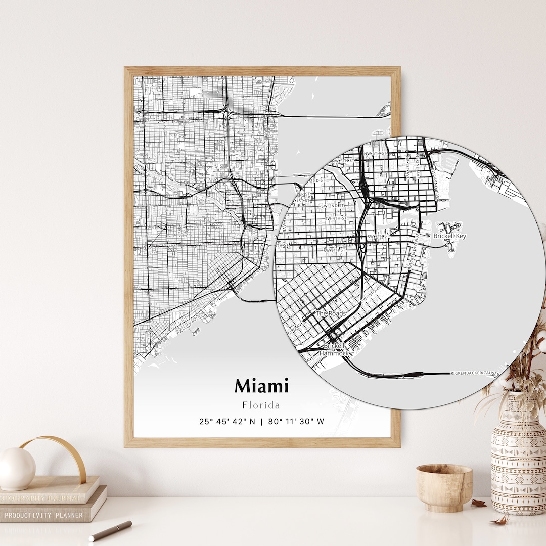 Miami City Map Print, Miami Florida Map Poster, USA City Street Map ...