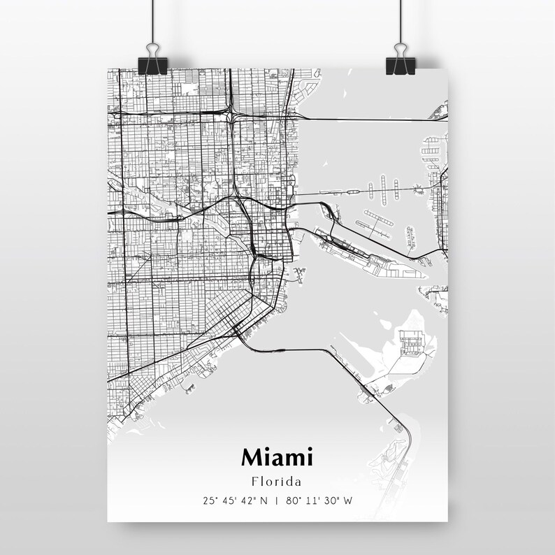 Miami City Map Print, Miami Florida Map Poster, USA City Street Map ...