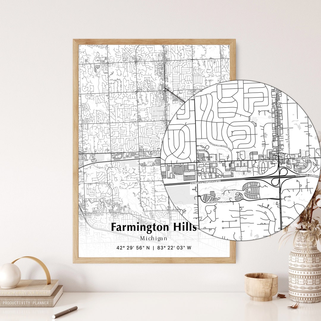 Farmington Hills City Map Print, Farmington Hills Michigan Map Poster ...