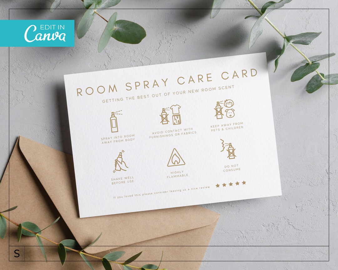 Gold Room Spray Care Card Template / Editable Room Fragrance ...