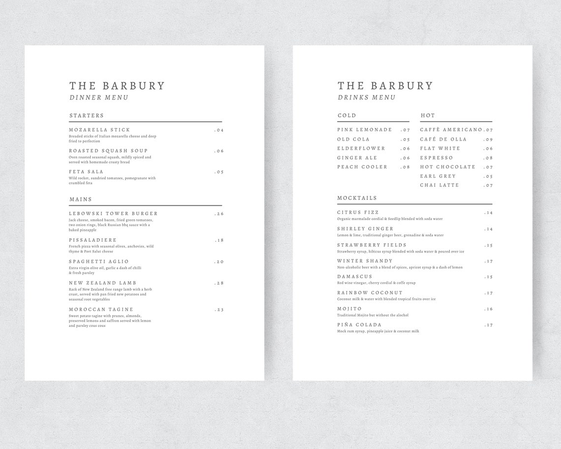 Editable Modern Menu Template / Minimalist Mono Restaurant - Etsy
