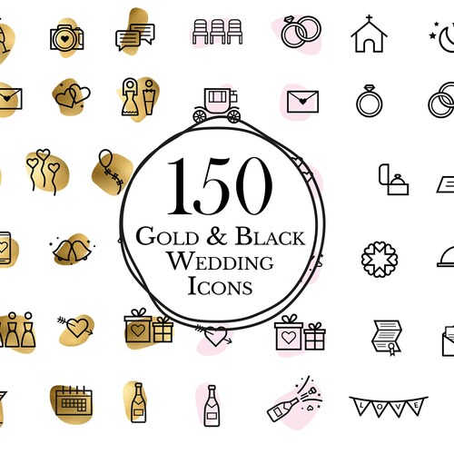 150 Gold Wedding Icons // Gold & Black Icons // Gold Foil - Etsy