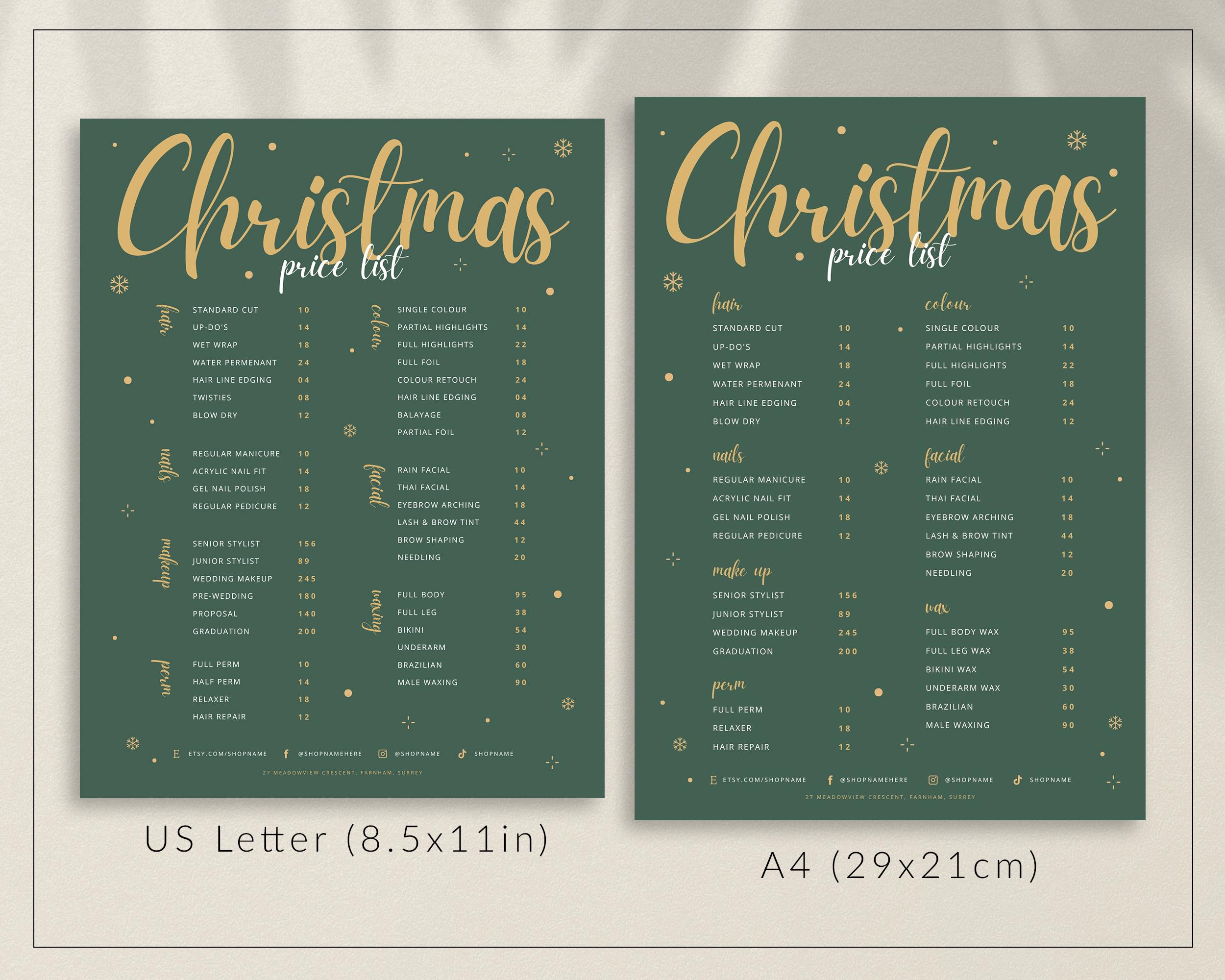 Gold Christmas Price List Template / Editable Gold Holiday Menu ...