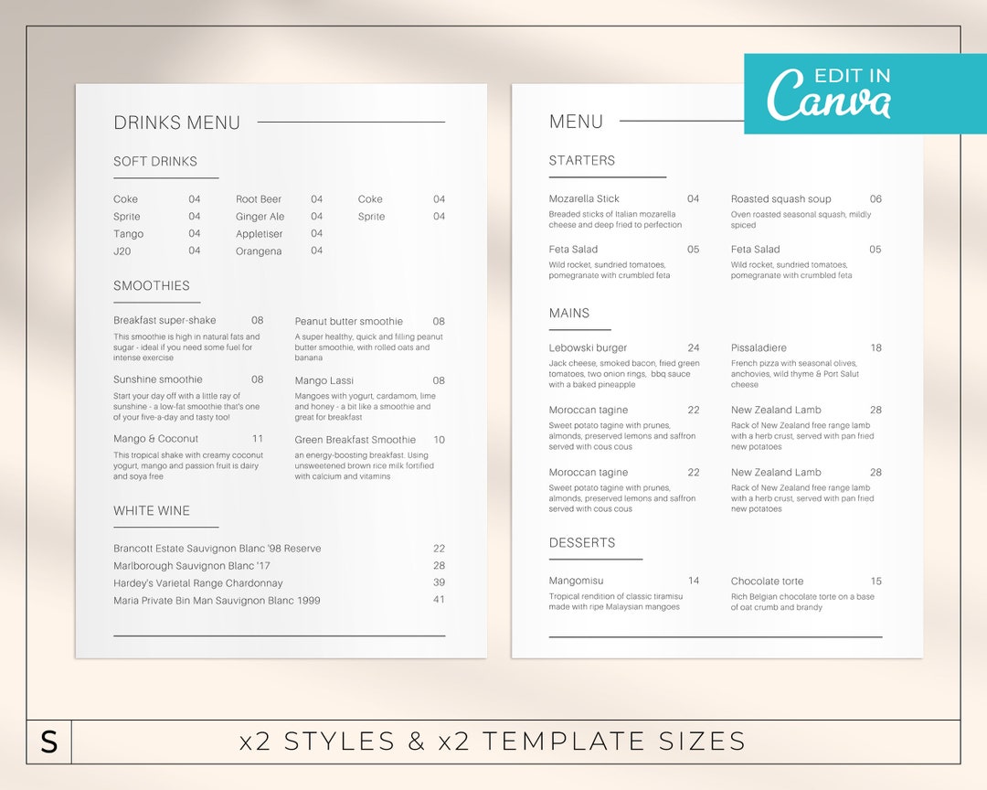 Minimalist Menu Template / Modern Editable Price List / Canva Price ...