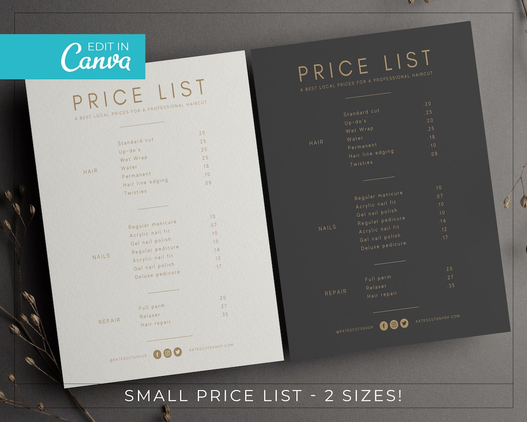 SMALL Minimalist Gold Price List Template / Modern Menu Template ...
