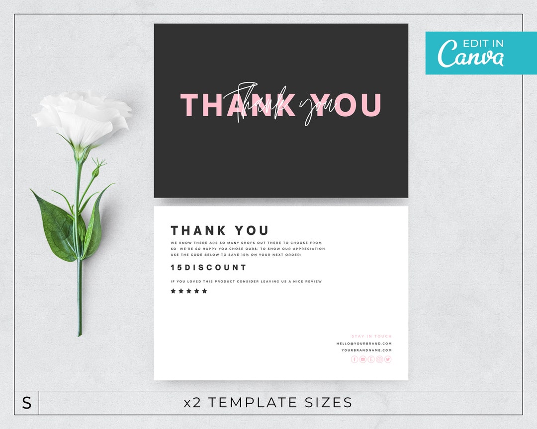Black & Pink Thank You Card Template Canva / Editable Thank You Card ...
