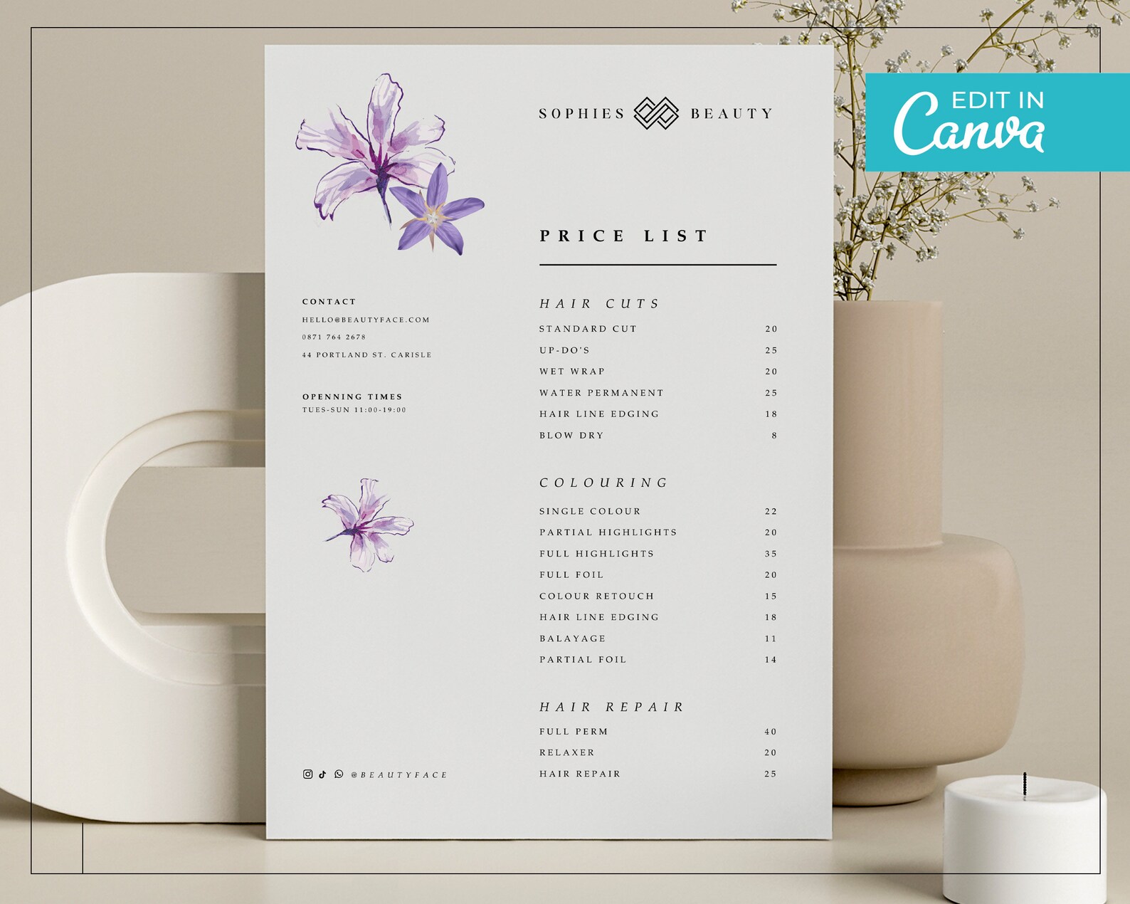 Purple Floral Price List Template / Watercolour Price List Template ...