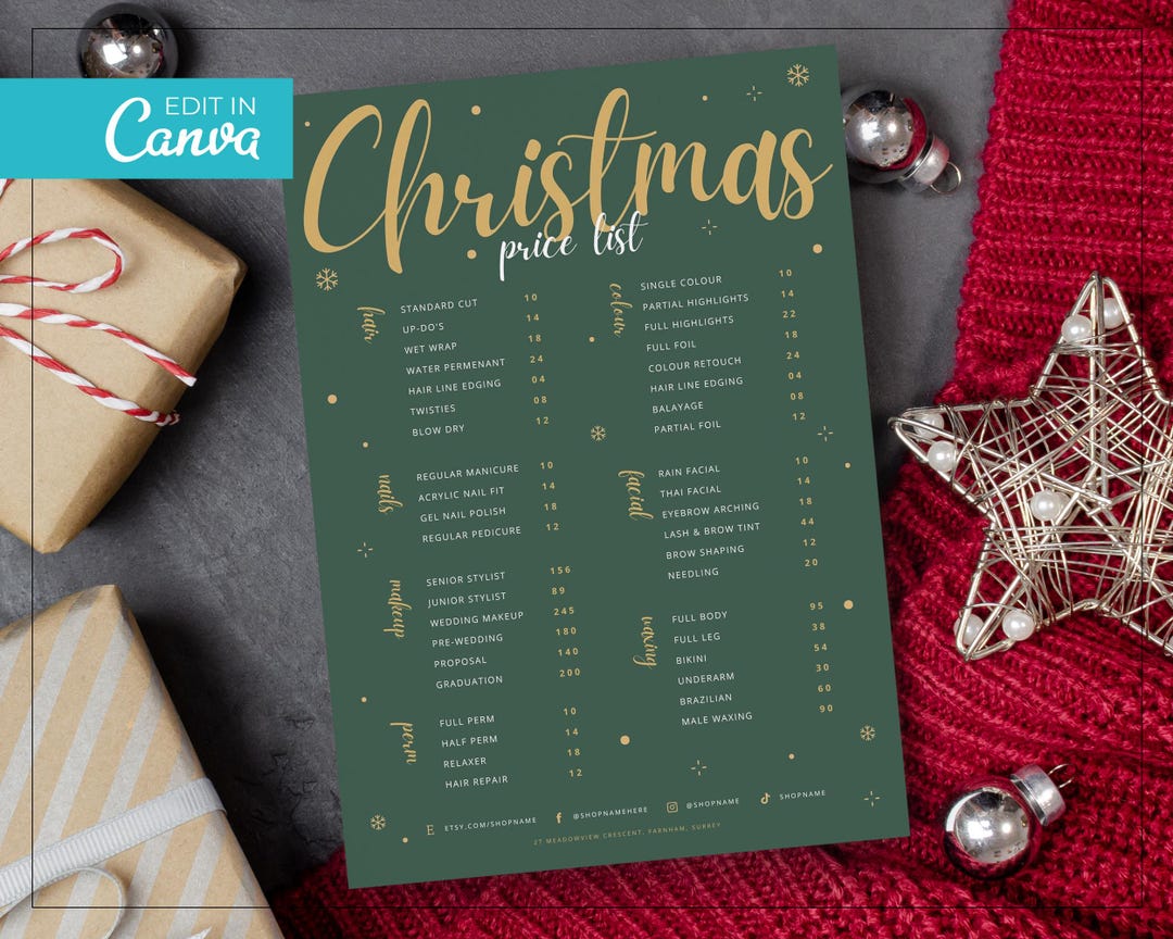 Gold Christmas Price List Template / Editable Gold Holiday Menu ...
