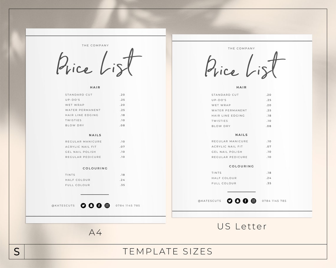Minimalist Price List Template / Modern Menu Template / - Etsy