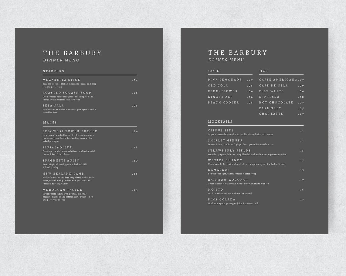 Editable Modern Menu Template / Minimalist Mono Restaurant Menu ...