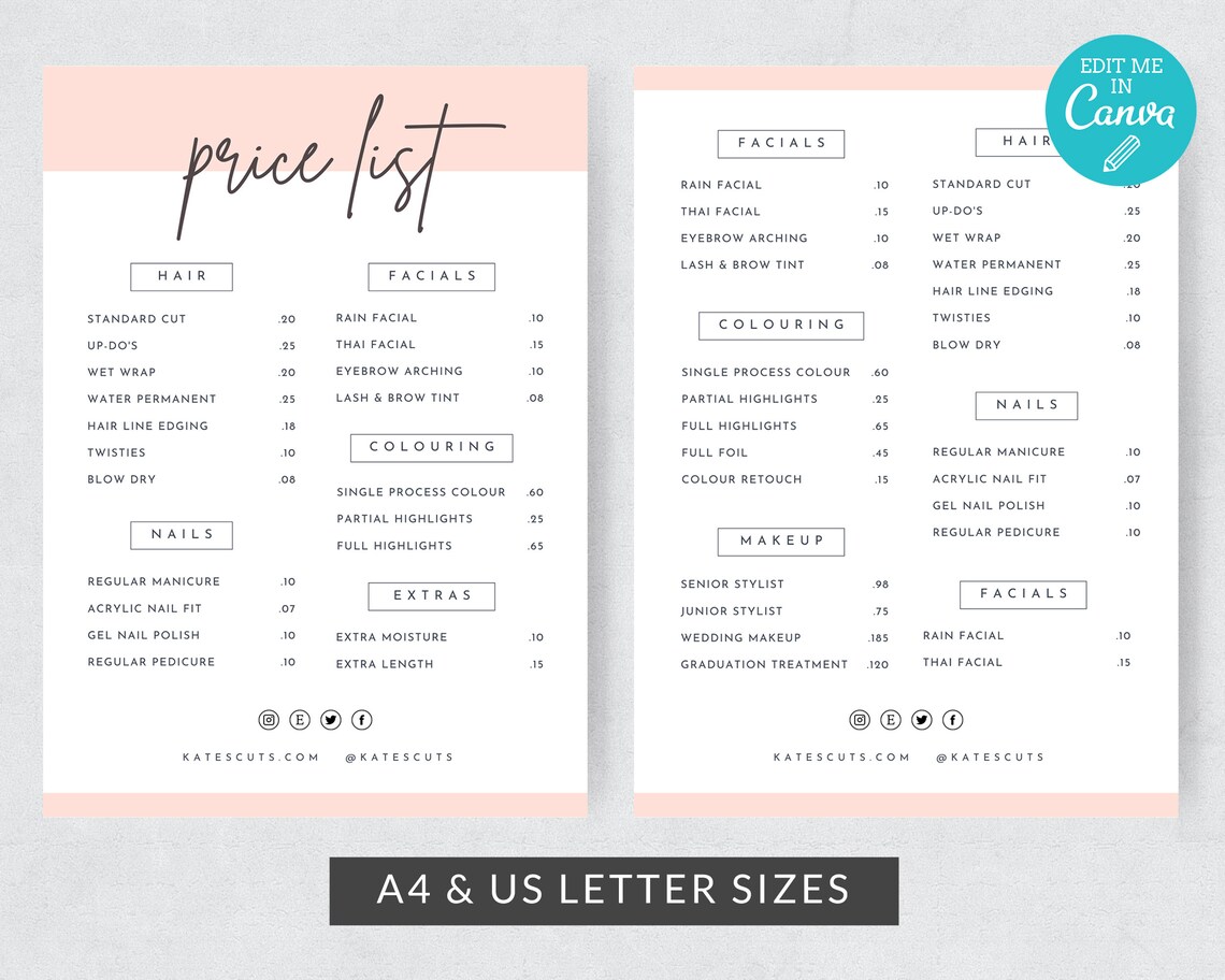 Feminine Price List Template / Editable Price List / Printable - Etsy