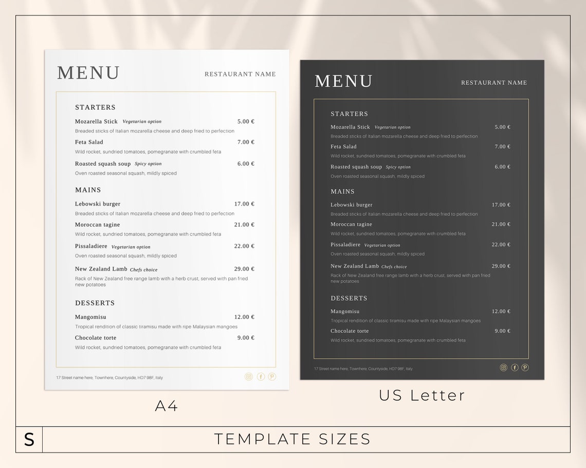 Gold Menu Template / Modern Editable Menu List / Canva Price List ...