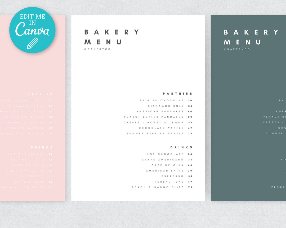 Minimalist Bakery Menu Template for Small Bakeries / Editable in Canva ...