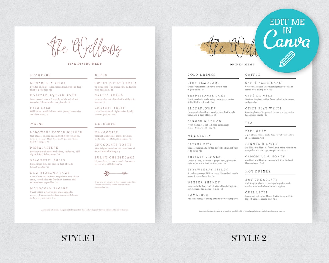 Elegant Menu Template / Minimalist Gold Restaurant Menu / Printable ...
