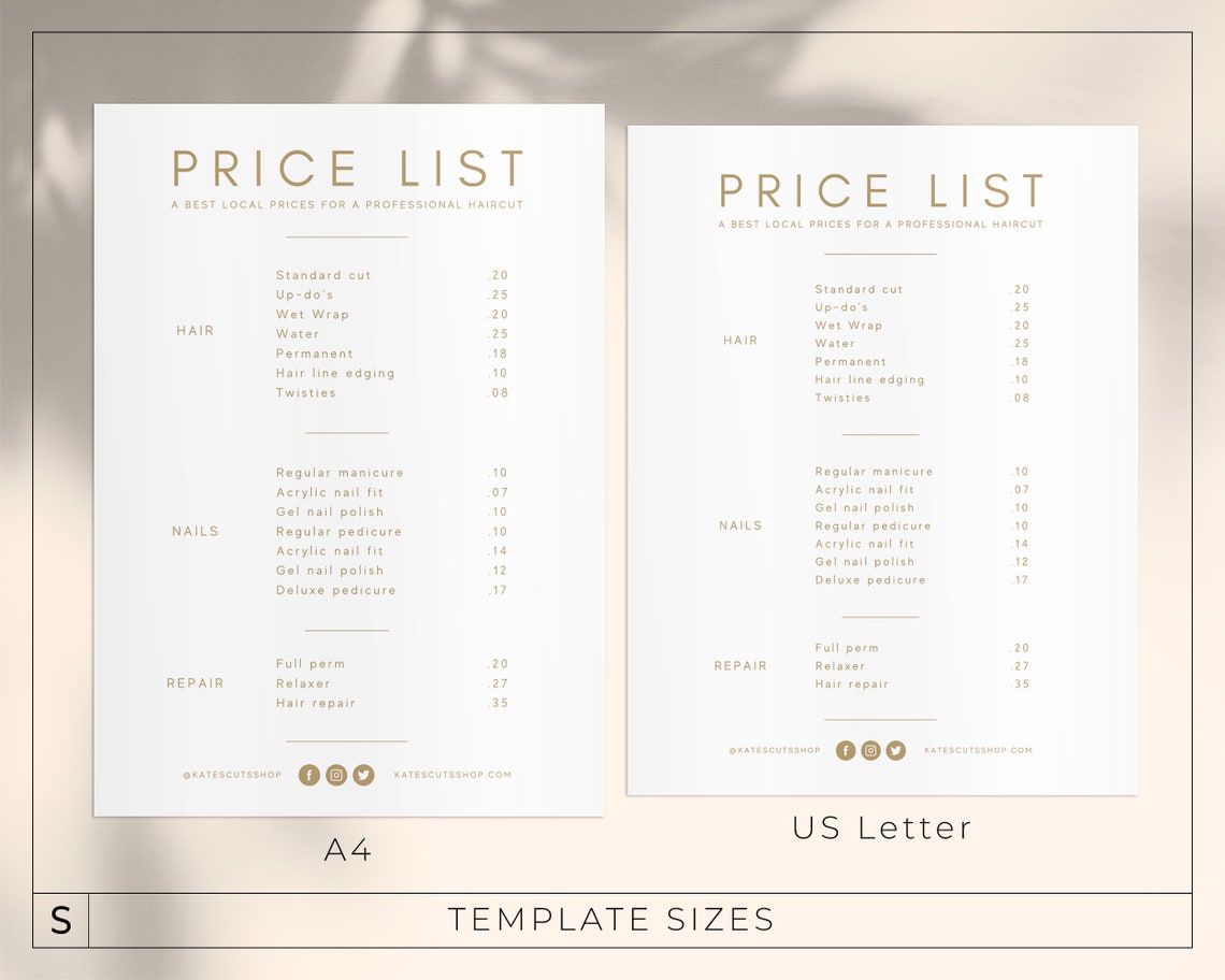 Minimalist Gold Price List Template / Modern Menu Template / Editable ...