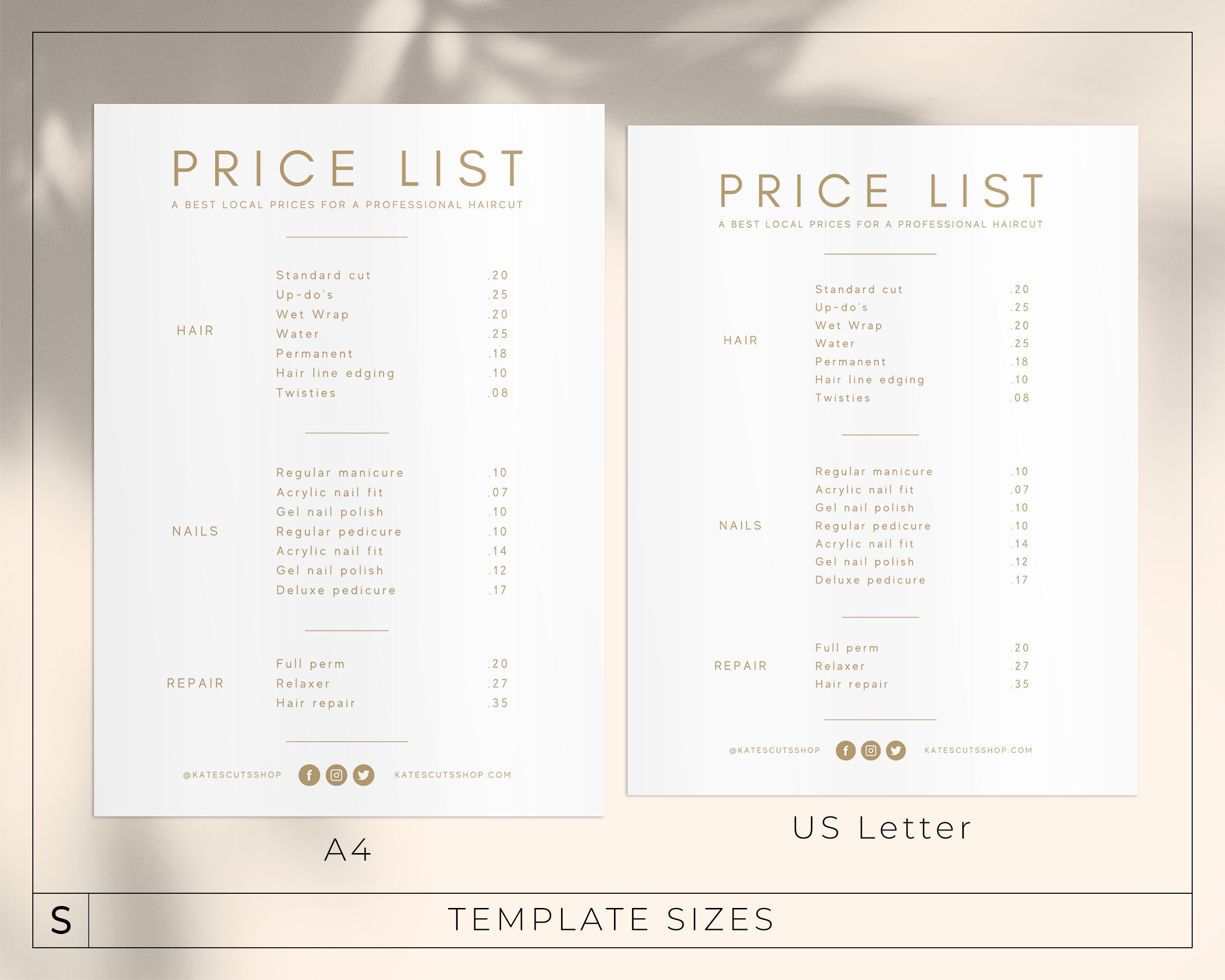 Minimalist Gold Price List Template / Modern Menu Template / - Etsy