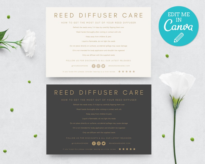 Minimalist Reed Diffuser Care Card Template / Editable - Etsy
