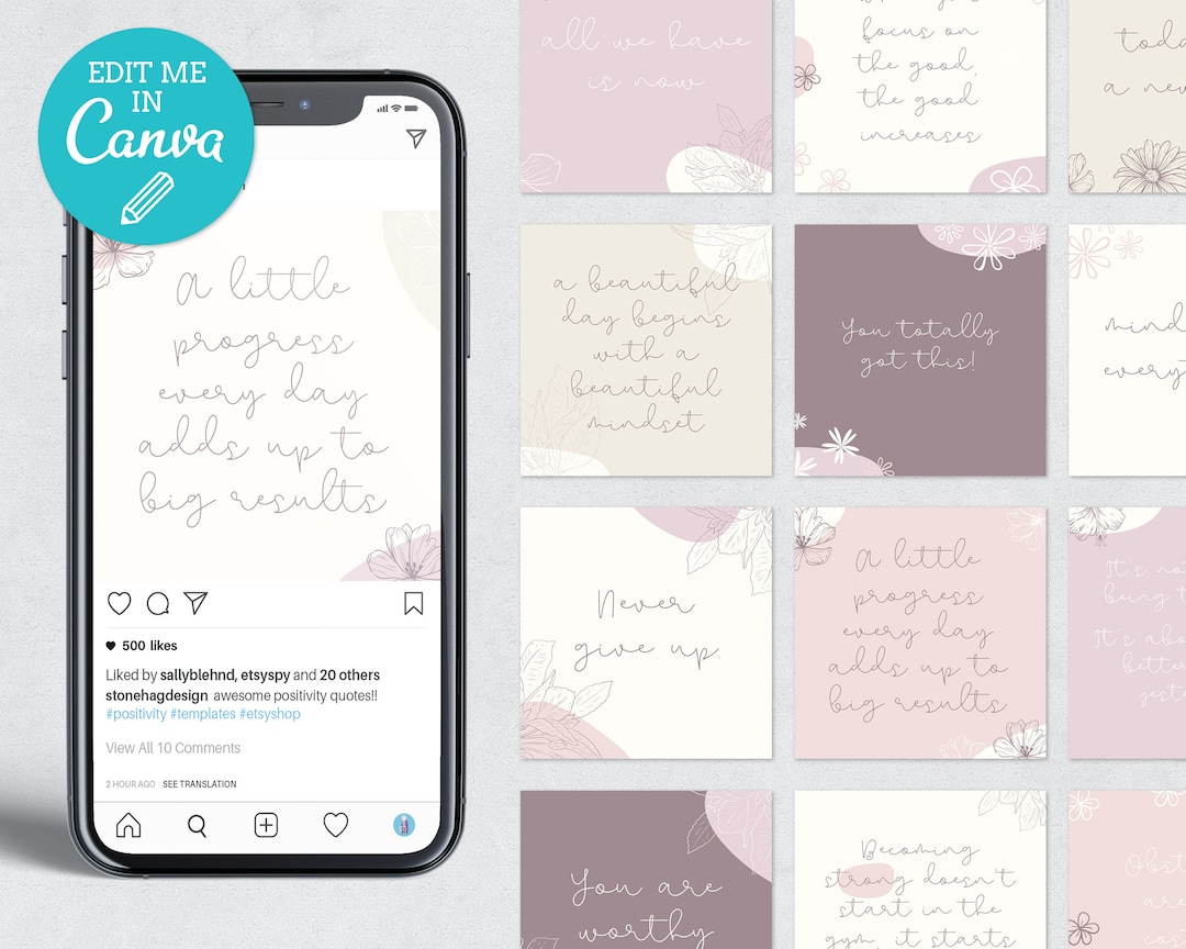 100 Positive Instagram Post Quotes / Editable Floral Positivity Quotes ...